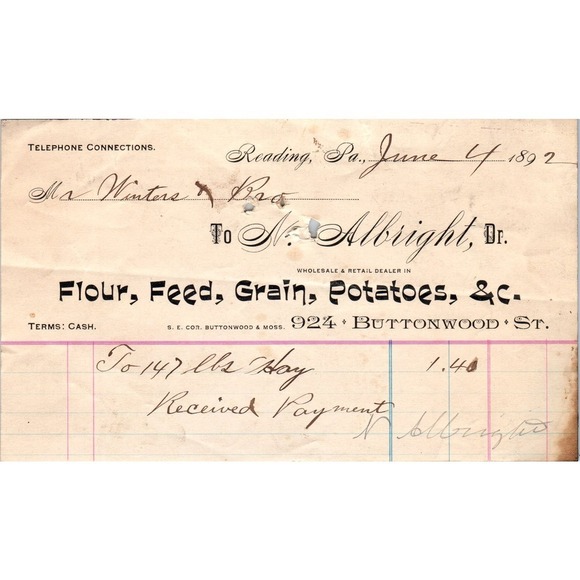 None | Other | 892 N Albright Flour Grain Reading Pa Original Billhead ...